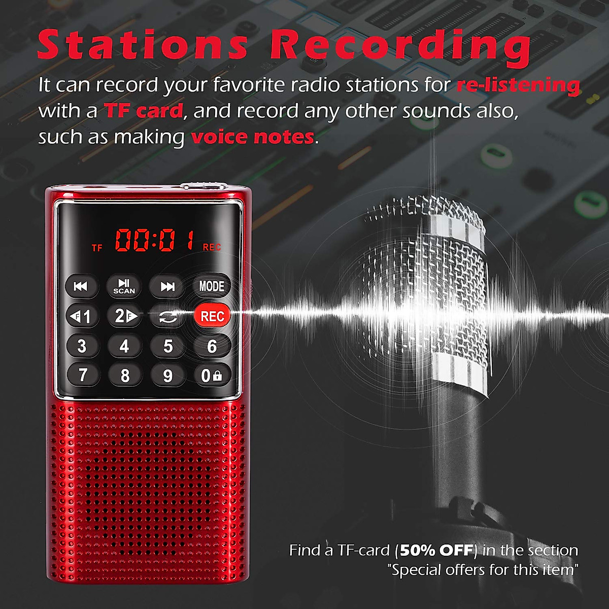 PRUNUS J-328 Mini Portable Pocket FM Radio MP3 Walkman Radio with Recorder, Lock Key, SD Card Player, Rechargeable Battery Operated(NO AM) Red