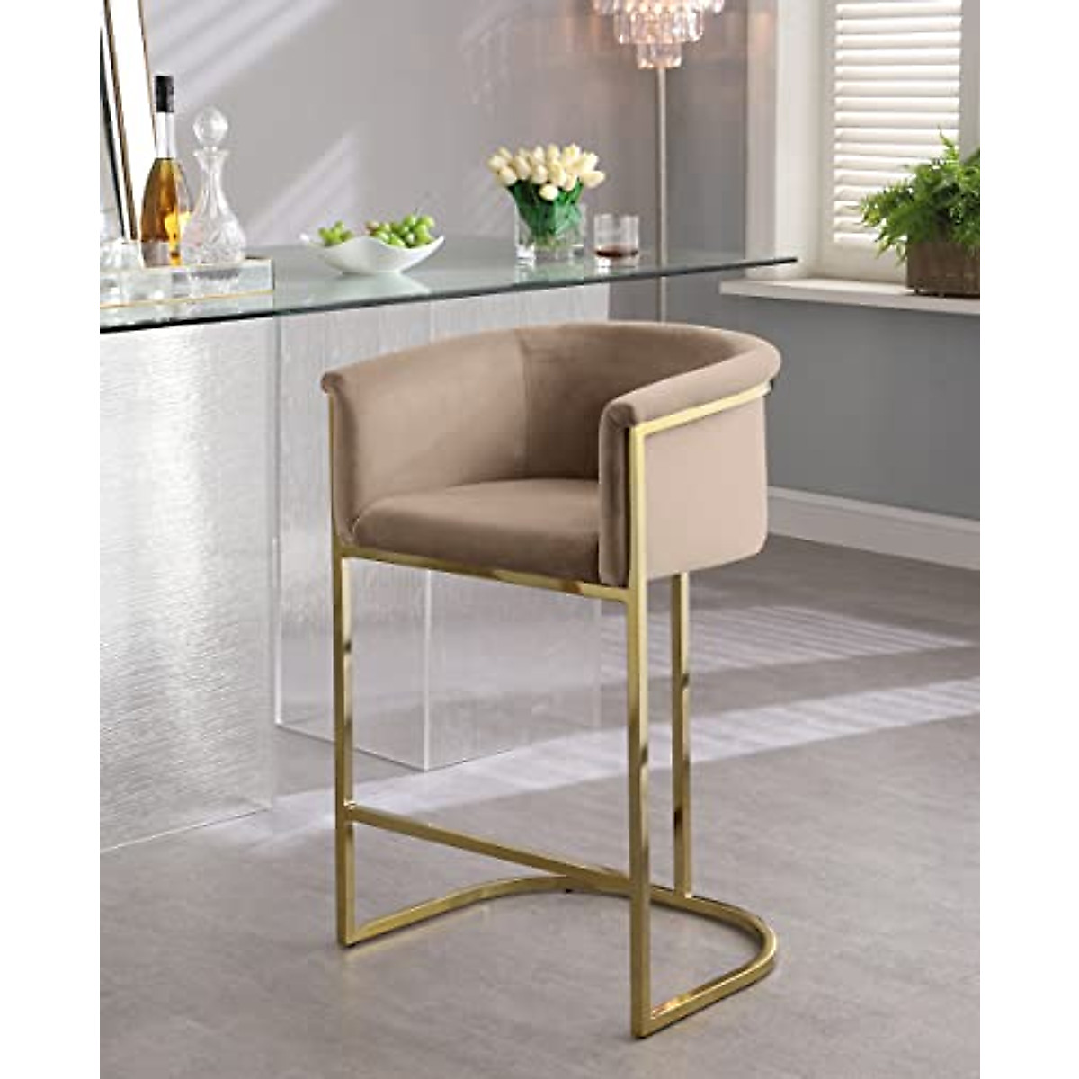 Meridian Furniture Donatella Collection Modern | Contemporary Velvet Upholstered Counter Height Stool with Durable Steel Base in Gold Finish, Beige, 23.5" W x 20" D x 36" H