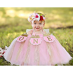 Tutu Highchair Banner for 1st Birthday - Princess 1st Birthday Party,Pink Tutu Skirt Photo Booth Props and Backdrop Cake Smash, Best Princess Birthday Party Supplies for Baby Girl