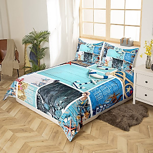 Erosebridal Nautical Theme Duvet Cover King Seashell Conch Starfish Bedding Set Sea Ocean Animal Comforter Cover 3D Beach Theme Patchwork Decor Bed Sets Coastal Lodge Cabin Bedding (No Comforter)