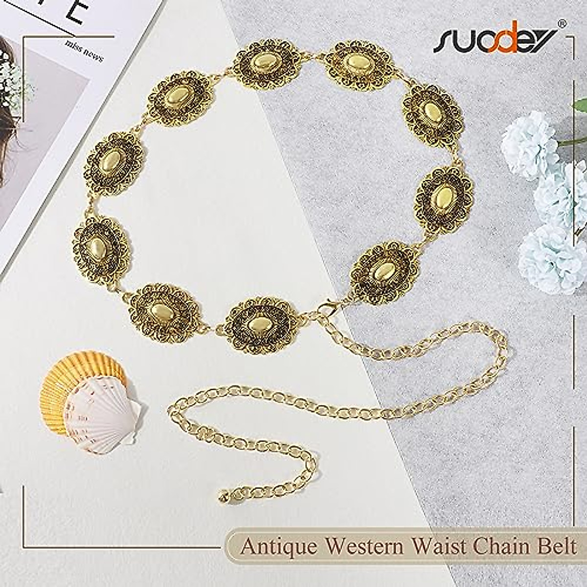 SUOSDEY Women Metal Waist Chain Belt Concho Western Cowgirls Country Belt for Jeans Dress