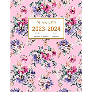 Planner July 2023-2024 June: 8.5 x 11 Large Notebook Organizer with Hourly Time Slots | Colorful Sketched Flower Design Pink