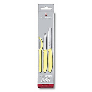 Victorinox Carbon Steel "Swiss Classic Trend Colours Special Edition" Set of 2 Kitchen Knives and 1 Peeler, 11 cm Wavy & 8 cm Straight Edge Knives with a Vegetable Peeler - Lemon, Swiss Made, Medium (6.7116.31L82)
