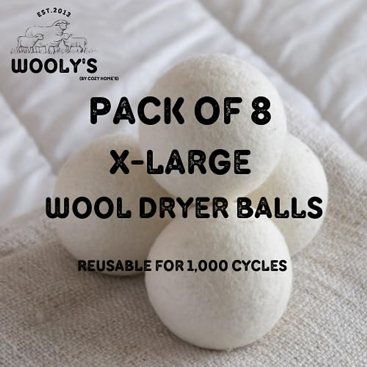 Wooly's Wool Dryer Balls, 8-PACK XL Sized Premium, Natural Fabric Softener, Replaces Dryer Sheets, Reduce Wrinkles & Static Cling, 30% Less Drying Time, Less Energy, Baby-safe. Balls for Laundry Dryer