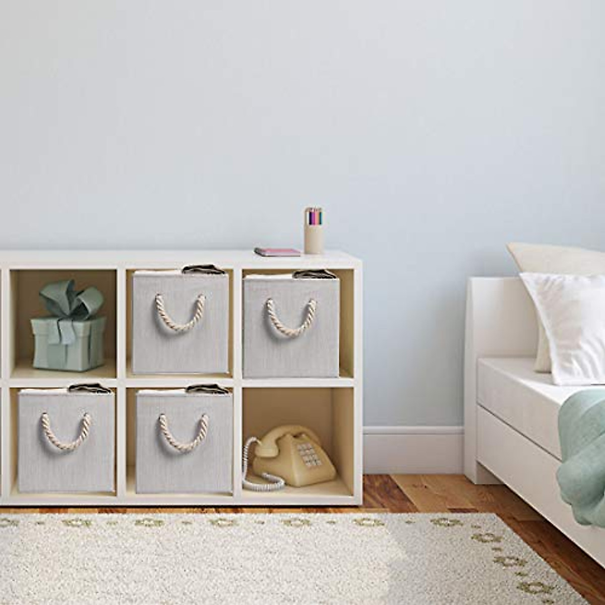 Robuy Set of 4 Beige Foldable Bamboo Fabric Cube Storage Bins with Cotton Rope Handle, Collapsible Resistant Basket Box Organizer for Shelves Size (10.5x10.5 x11 inch)