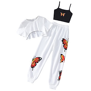 SOLY HUX Girl's Butterfly Print Cami Tops & High Low Hem Short Sleeve T Shirt with Sweatpants 3 Piece White Butterfly 10Y