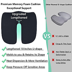 Upgraded Seat Cushion Pillow for Tailbone Pain Relief -Longer U-Cutout,Memory Foam Coccyx Seat Cushion for Office Chair,Car Seat Cushion,Computer Desk Sciatica & Back Pain Relief Pad