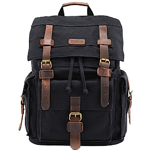 Kattee Men’s Leather Canvas Backpack Large School Bag Travel Rucksack Black