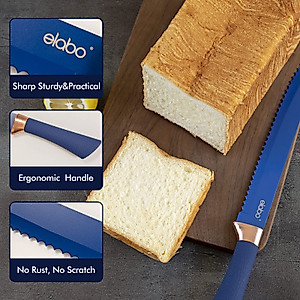 elabo Kitchen Knife Set - 16 Pieces Stainless Steel Knives, Rose Gold Handle Includes 6 Sharp Knives, 6 Serrated Steak Knives, Scissors, Peeler, Knife Sharpener with Block, Blue