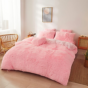 Fluffy Pink Faux Fur Comforter Cover Set - Ultra Soft Plush Bedding, 3 Pieces with 2 Pillow Cases, Cute Light Pink Queen Bed Set