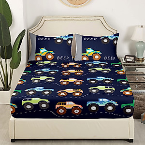 3D Monster Truck Bed Sheet Set Boys Cars Fitted Sheet & Pillow Sham Set for Kids Girls Teens Freestyle Monster Truck Decor Bedding Sheets Blue with 2 Pillowcases 3Pcs Bedding Full