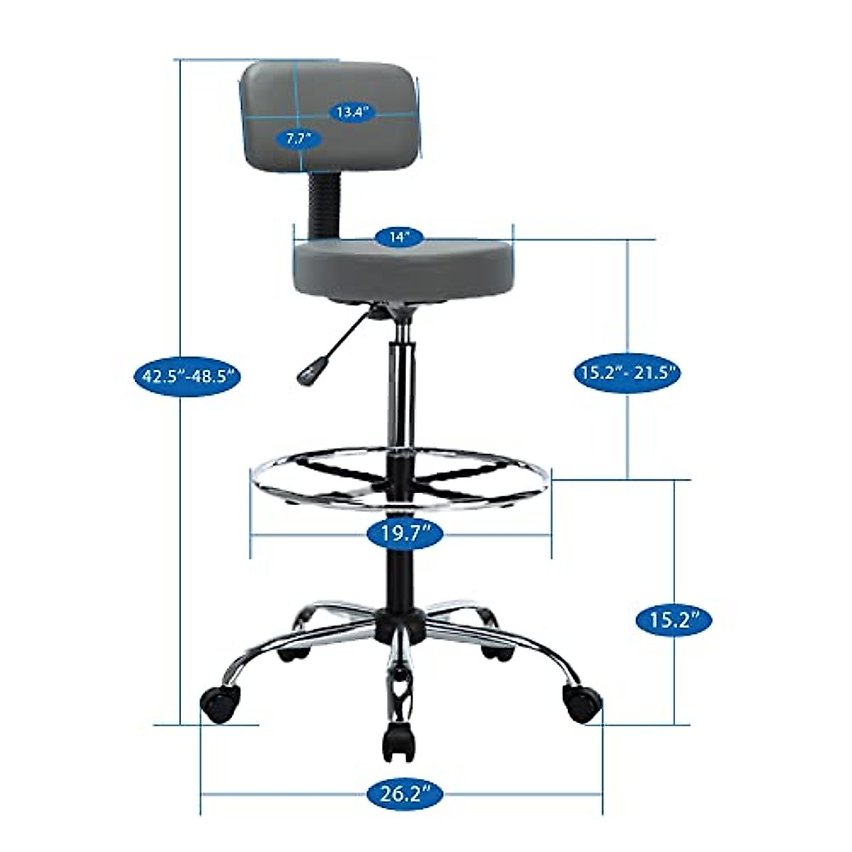 Venus Drafting Stool Chair, Rolling Stools with Wheels, Stools with Backs, Tall Adjustable Office Chair Workbench Stool with Back Support Adjustable Chair Work Stool with Chrome Footrest - Gray