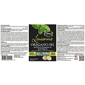 Louianna - Organic Wild Oregano Oil with Vitamin D, Liquid Softgel Capsules with 80 Percent Carvacrol, Supports Your Bones, Immune and Gut Health, Herbal Supplements, 120 Softgels