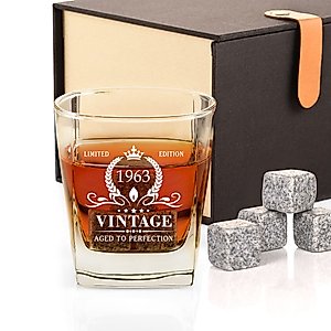Triwol 61st Birthday Gifts for Men, Vintage 1963 Whiskey Glass and Stones Funny 61 Birthday Gift for Dad Husband Brother, 61st Anniversary Present Ideas for Him, 61 Year Old Bday Decorations 12OZ