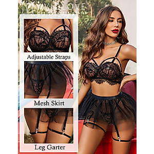 Avidlove Plus Size Lingerie for Women Lace maid outfit Sexy babydoll V Neck Bralette Skirt Set (Black, X-Large)