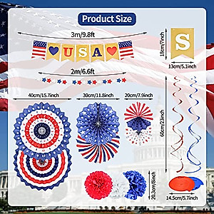 26 Pieces 4th/Fourth of July Decorations Set - Red White Blue American Flag Hanging Honeycomb Paper Fans, Pom Poms, Swirls, USA Banner, Star Garland Patriotic Independence Day Outdoor Party Supplies