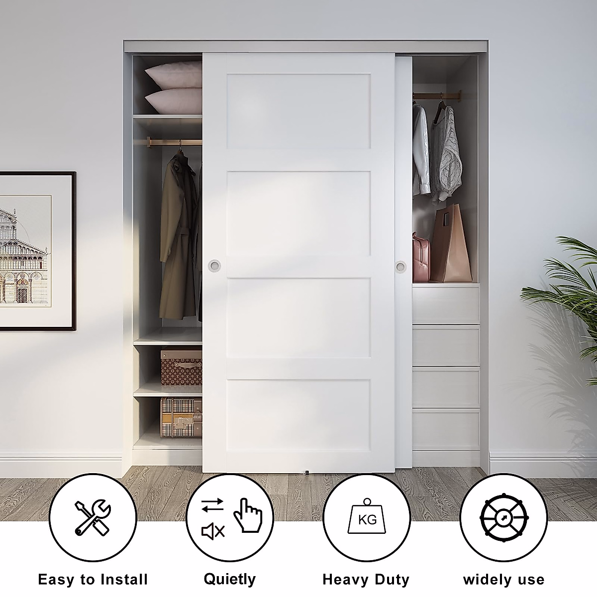 JUBEST Bypass Door Hardware 72", Aluminum Sliding Closet Door Hardware Set with Finger Pull Included, Smoothly and Quietly, for 2 Door System, Fit Door Thickness 1 3/8" or 1 3/4", Easy to Install