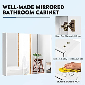 LOKO Large Bathroom Medicine Cabinet with Mirror, Wall Mounted Bathroom Cabinet with 3 Mirrored Doors & Adjustable Shelves, Triple Mirror Door Bathroom Wall Cabinet, 36 x 4.5 x 25.5 Inches