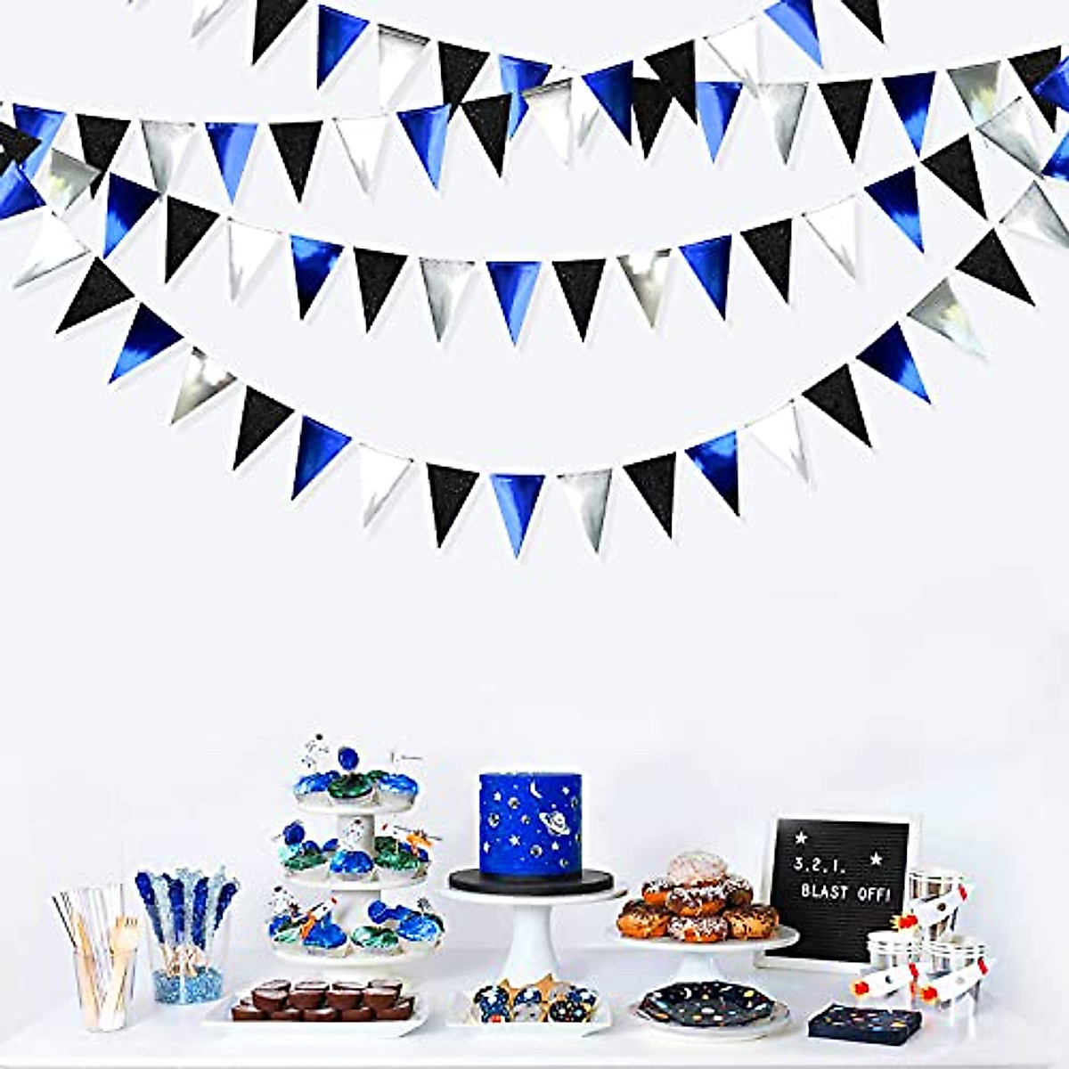 30 Ft Navy Blue Black and Silver Party Decorations Royal Blue Triangle Flag Pennant Banner Bunting for Birthday Wedding Bridal Baby Shower Nautical Ahoy Achor Pirate Theme Party Decorations Supplies