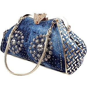 1pc Blue Jeans Fireworks Beautifully Rhinestones Decor Top Handle Handbags with Shoulder Strap Messenger Bag Gold Color