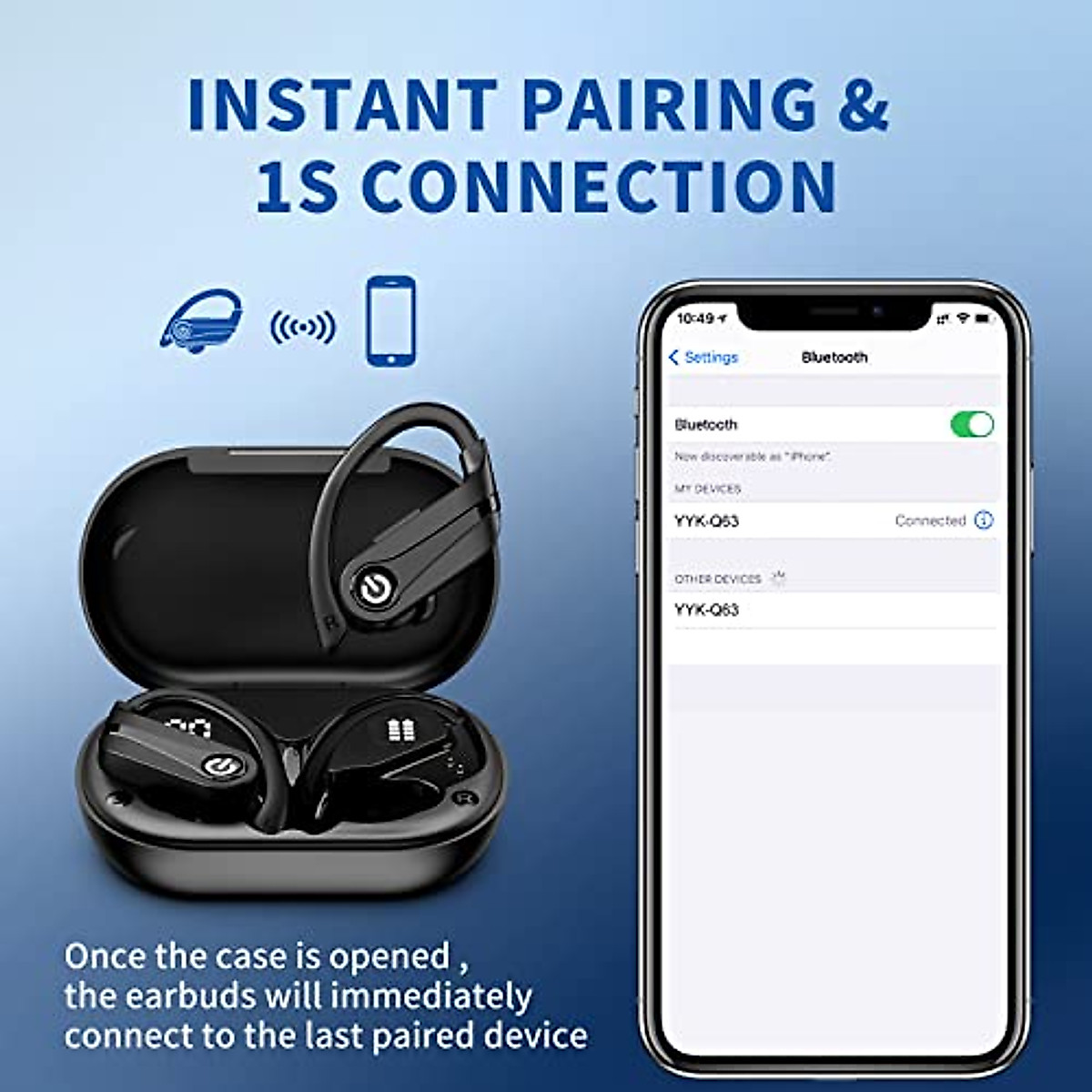 Wireless Earbuds Bluetooth Ear Buds with Mic, 72H Wireless Headphones Bluetooth 5.3 Sport Earbuds Digital LED Display, IPX7 Waterproof Over Ear Earphones with Hooks for Sports Running Workout Gym