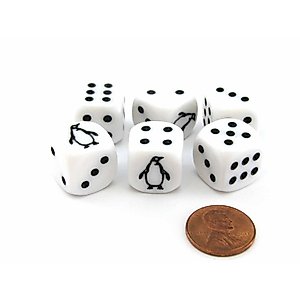 Set of 6 Penguin 16mm D6 Round Edged Koplow Animal Dice - White with Black Pips