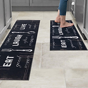 Carvapet 2 Pieces Kitchen Rug Set Non-Slip Backing Mat Throw Rug for Kitchen Doormat Runner Rug Set, Motto Design, Blackish/Dark Grey (17"x48"+17"x24")
