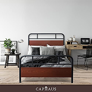 CAPHAUS Round Corner Metal Bed Frame with Modern Wood Headboard and Footboard, Mattress Foundation, Metal Platform Bed with Premium Steel Frame, Noise-Free, No Box Spring Needed, Twin Size, Walnut