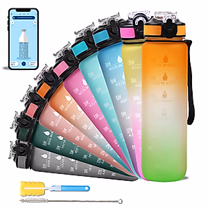 SOLARA Motivational Water Bottle with Straw, Water bottles with time to drink, 32oz water bottle BPA free, Large water bottle with straw, Large Water bottles with times to drink | Orange White Green