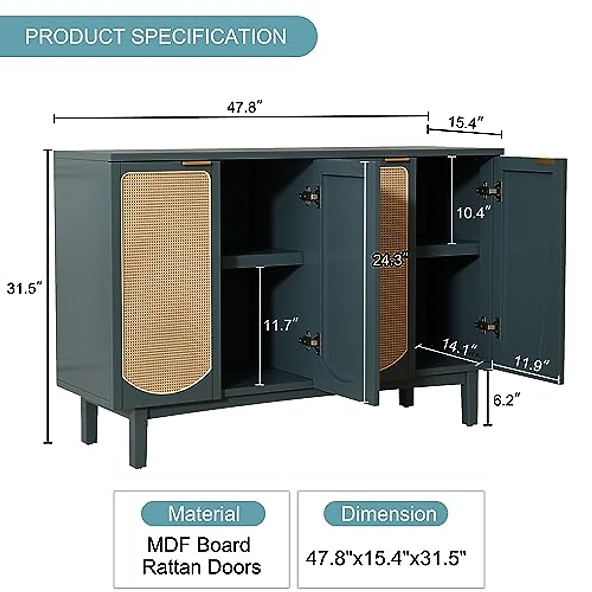 ARTPOWER Sideboard Buffet Cabinet with 4 Rattan Doors, Accent Storage Cabinet with Shelves, Free Standing TV Console Table, Modern Teal Credenza for Kitchen, Dining Room, Living Room, Hallway