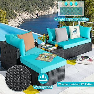 VITESSE Patio Furniture Sets All Weather Outdoor Sectional Sofa Manual Weaving Wicker Rattan Patio Conversation Set with Cushion and Glass Table (5 Pieces, Light Blue)