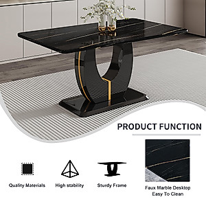 MTFY 7 Pieces Marble Dining Table Set for 6, Modern 63" Rectangular Black Faux Marble Pedestal Kitchen Dining Room Table & 6 PU Leather Upholstered Dining Chairs, Elegant Dinette Table Set