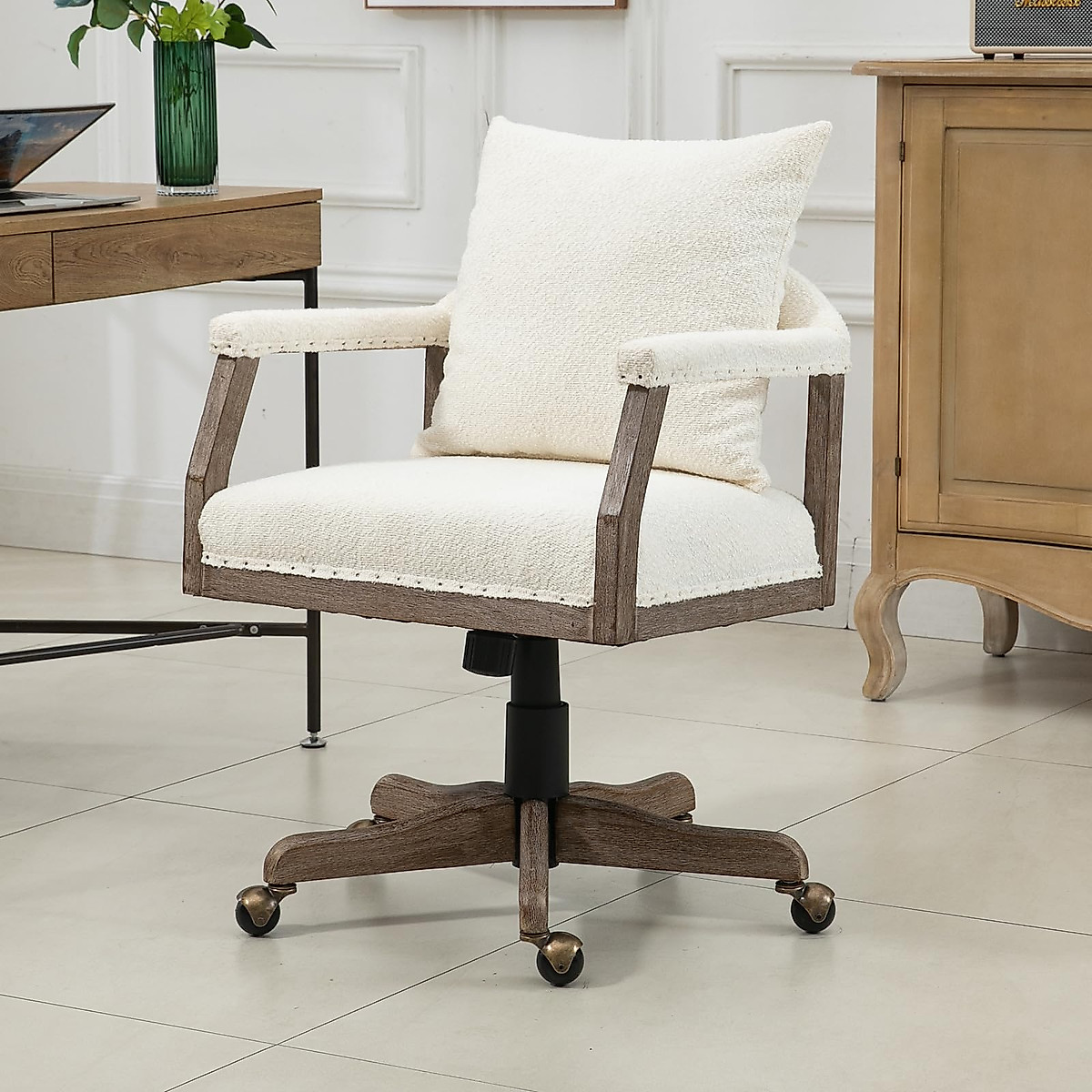 NIOIIKIT Home Office Desk Chair, Wooden Height Adjustable Swivel Task Chair, Boucle Upholstered Study Chair with Pillow, Computer Executive Chair, Vanity Chair for Bedroom (Beige)