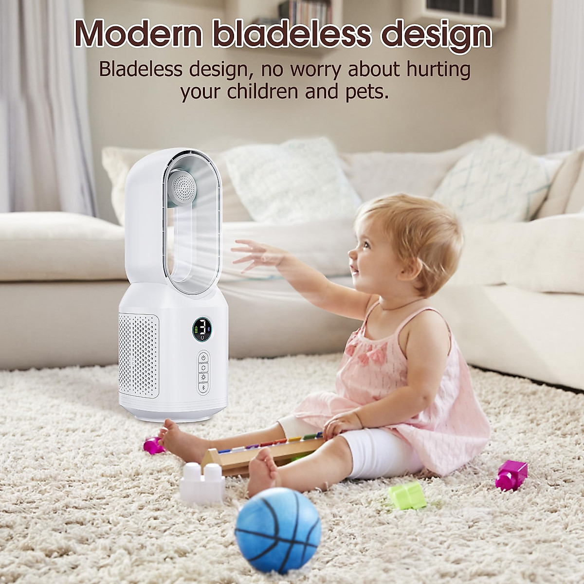 Desk Bladeless Fan with 3 Speeds, 13" Small Fan with Light, Portable Quiet Fan for Bedroom Home, Office, Travel