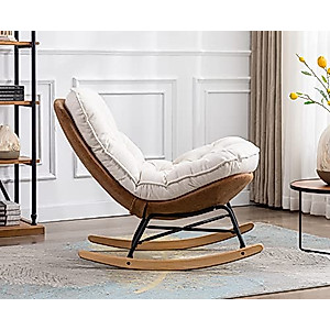 Kmax Rocking Chair Nursery Tufted Accent Glider Chair with Tufted Linen Fabric Cushion PU Leather Base for Baby Nursery Bedroom Living Room, Cream