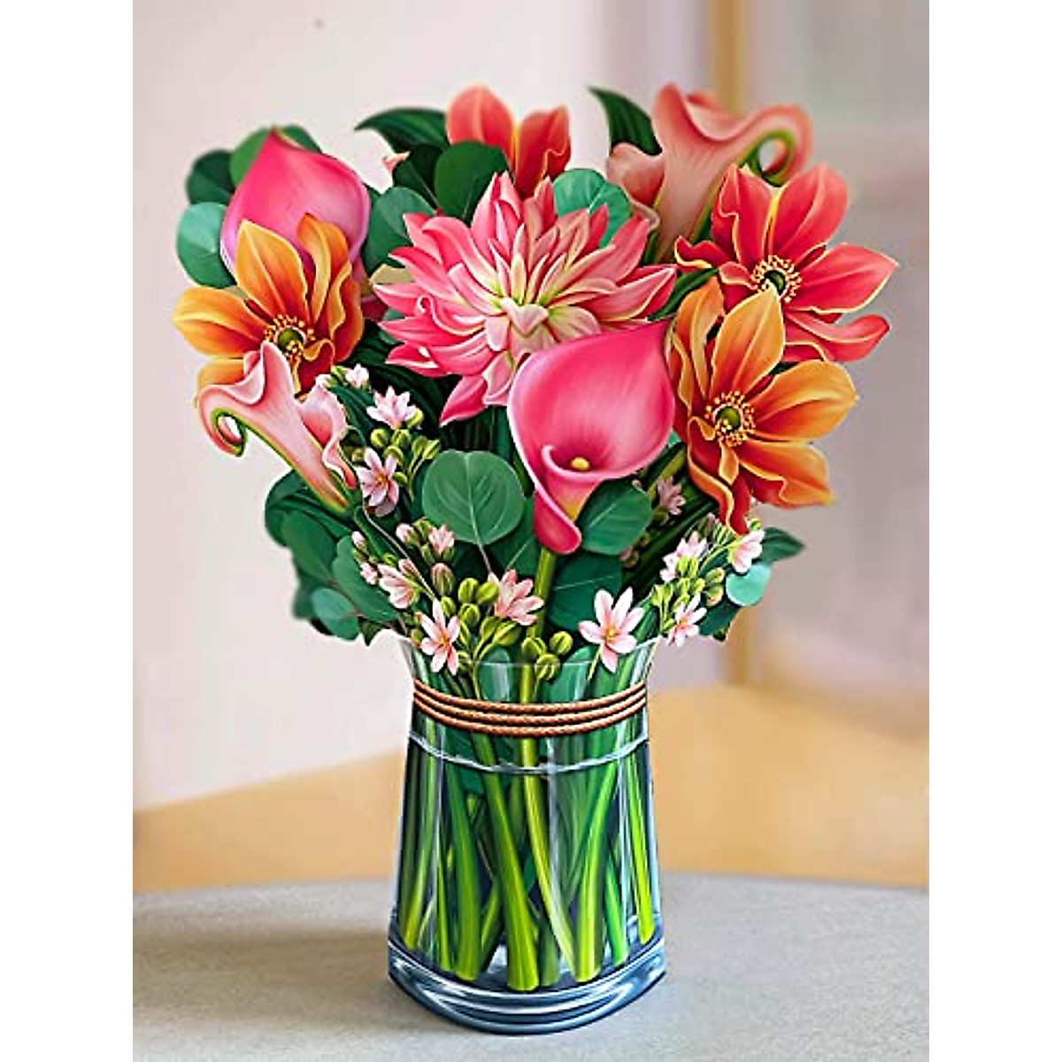 Freshcut Paper Pop Up Cards, Dear Dahlia, 12 inch Life Sized Forever Flower Bouquet 3D Popup Greeting Cards with Note Card and Envelope - Dahlia & Cala Lily Flowers