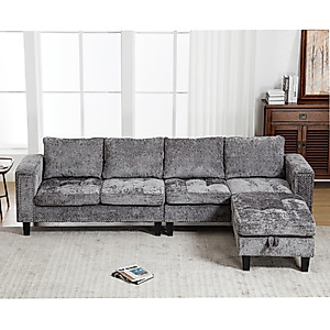 Ball & Cast 104.5" L Shaped Sectional Couch with Storage Ottoman, Chenille Upholstered 5 Seat Modular Sofa with Reversible Chaise for Living Room, Easy Assembly, Gray