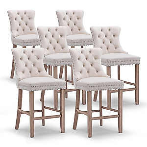 JETEAGO Bar Stools Set of 6, Velvet Upholstered Bar Stool for Kitchen Island, Counter Stools with Nailhead Trim, Beige