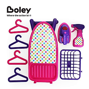 Boley Pretend Play Laundry Playset - 8-Piece Pink and Purple Toy Ironing Board Set with Realistic Lights & Sounds Iron, Working Spray Bottle, Hangers, and Storage Basket for Kids and Toddlers