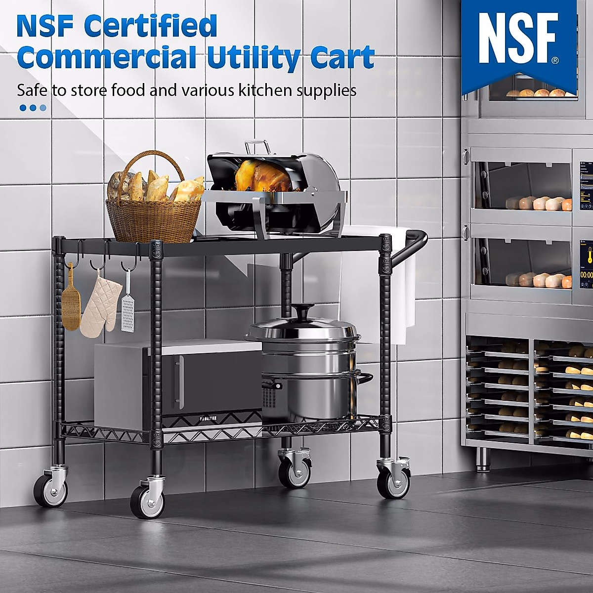 Leteuke 2 Tier Utility Cart with Wheels, NSF Certified 900LBS Capacity Heavy Duty Rolling Utility Carts with Handle Bar, Commercial Grade Metal Serving Storage Cart for Warehouse Kitchen, Gold