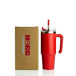 Hogg 30oz Grippy Tumbler with Removable Handle, Lid, and Stainless Steel Straw, DIY, Customizable, Double Wall Insulated Tumblers (Red)