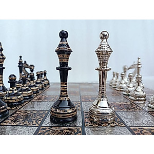 14" Handcrafted Russian Soviet Series Metal Chess Pieces & Board Set with Velvet Storage Box | Brass Metal Luxury Chess Set
