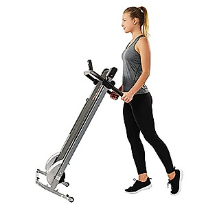 Sunny Health & Fitness Foldable Manual Treadmill, Compact Cardio Fitness, Durable Non-Electric Incline Exercise, Walking Tread Pad, Transportation Wheels, Non-Slip Handlebars with Digital Monitor