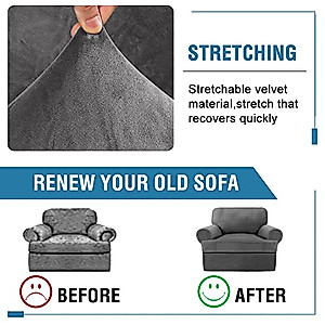 Sofa Cover 2 Piece T Cushion Armchair Slipcovers Thick Velvet Couch Cover Furniture Protector Stretch T Cushion Sofa Covers for 1 Cushion Couch with 1 Individual T Cushion Covers Washable, Grey