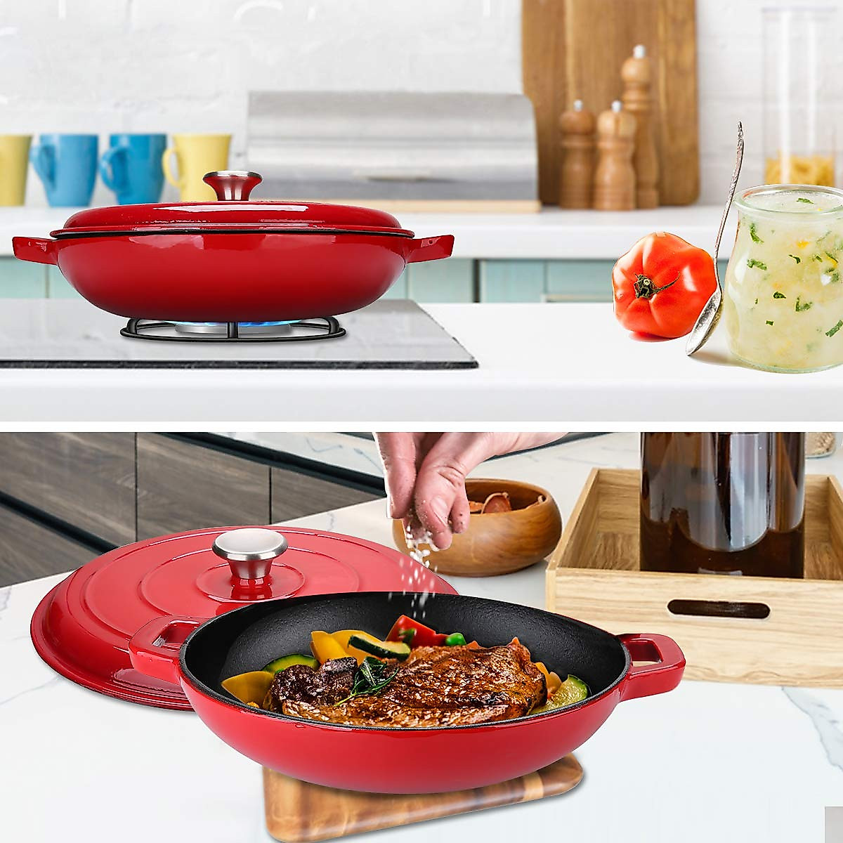 Puricon Enameled Cast Iron Casserole Braiser Pan 3.8 Quart, 12 Inches Enamel Cookware Skillet with Lid and Dual Handles -Red