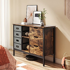 Bestier Sideboard Storage Unit w/ 3 Drawers, 2 Adjustable Shelves, 4 Sliding Fabric Cubes, & Adjustable Foot Pads for Living Room, Bedroom, or Hallway