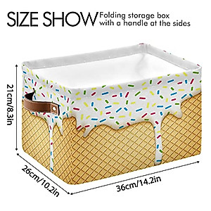 ZOEO Large Storage Basket, Vanilla Ice Cream Cone Waffles Foldable Storages Box Organizer Bins with Leather Handles for Shelves Closet Bedroom, Theme Party