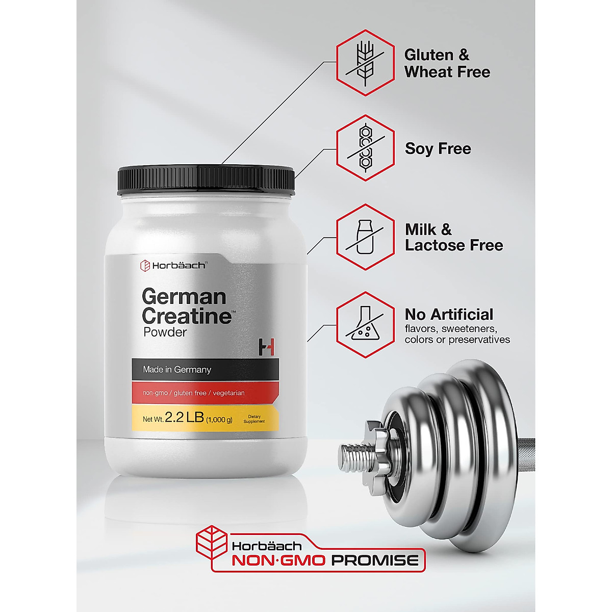 Horbäach German Creatine Powder 1000g | Creapure Monohydrate Powder | Vegetarian, Non-GMO, and Gluten Free Supplement | Promotes Strength & Power