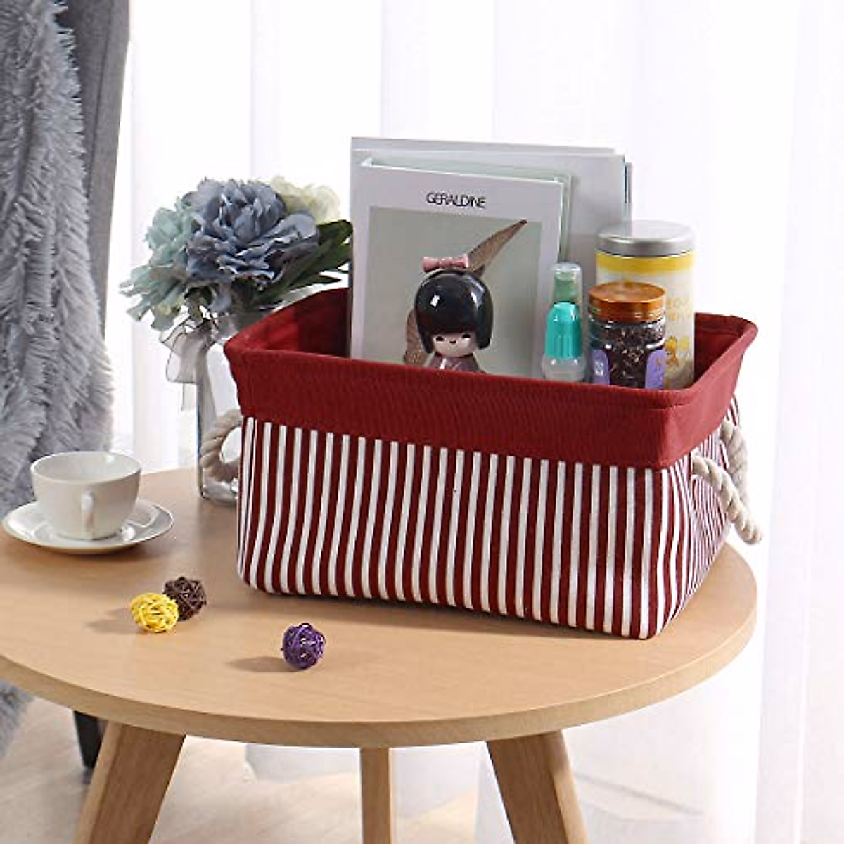 uxcell Storage Basket Bin with Cotton Handles,Collapsible Laundry Basket for Toy Clothes Storage,Canvas Fabric Basket for Closet,Red (Medium -15.7"x11.8"x8.3")