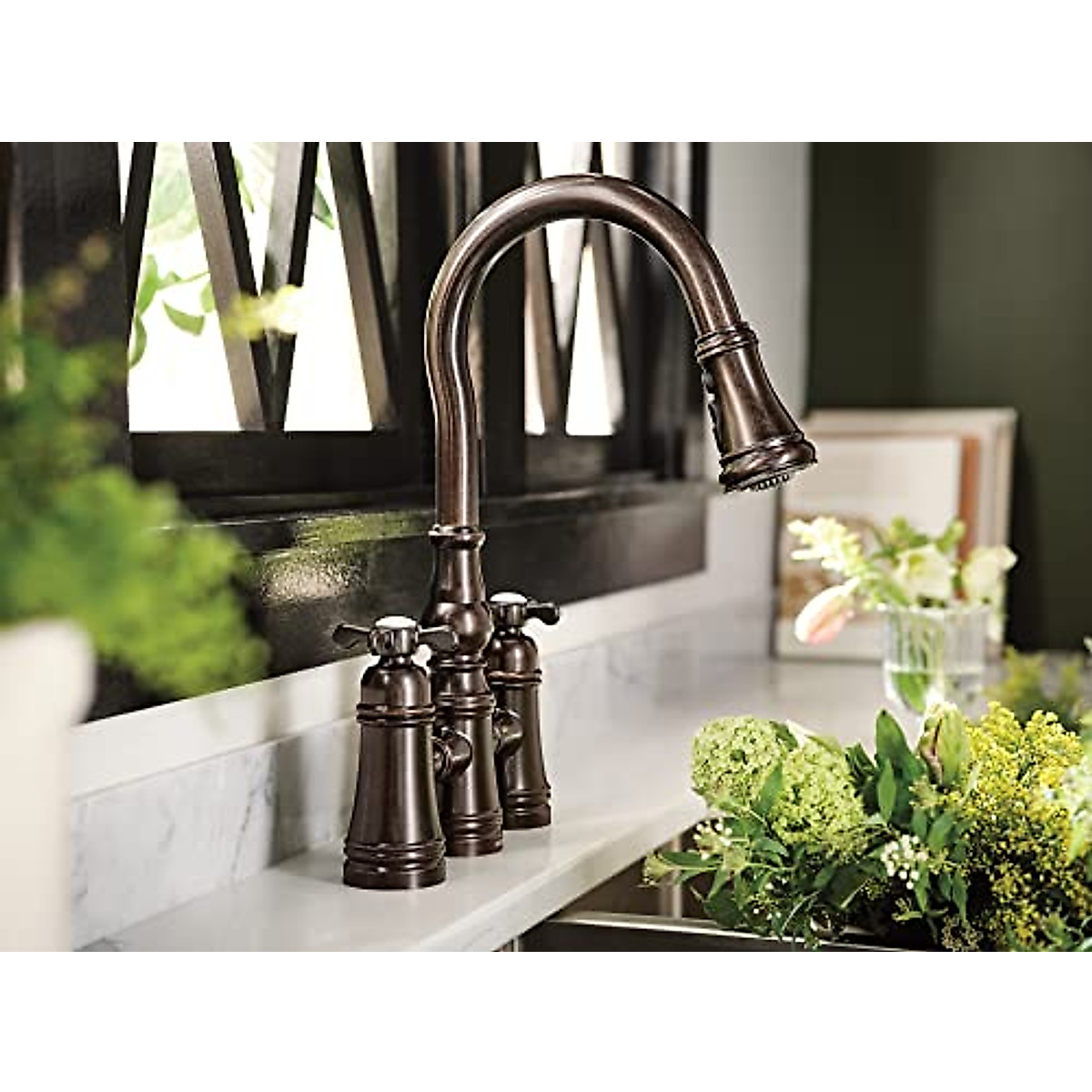 Moen S73204ORB Weymouth Two Handle Pulldown Bridge Kitchen Faucet, Oil Rubbed Bronze